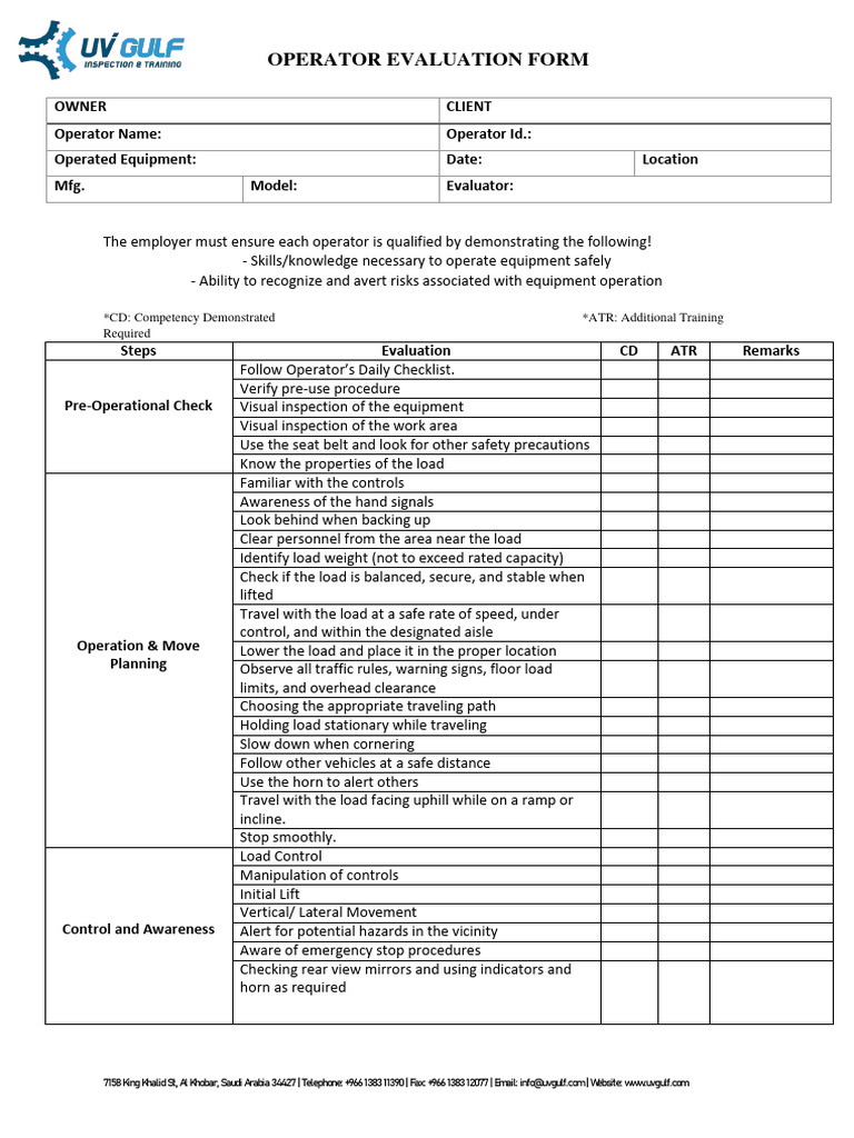 Operator Evaluation Form-UVG | PDF | Saudi Arabia | Vehicles