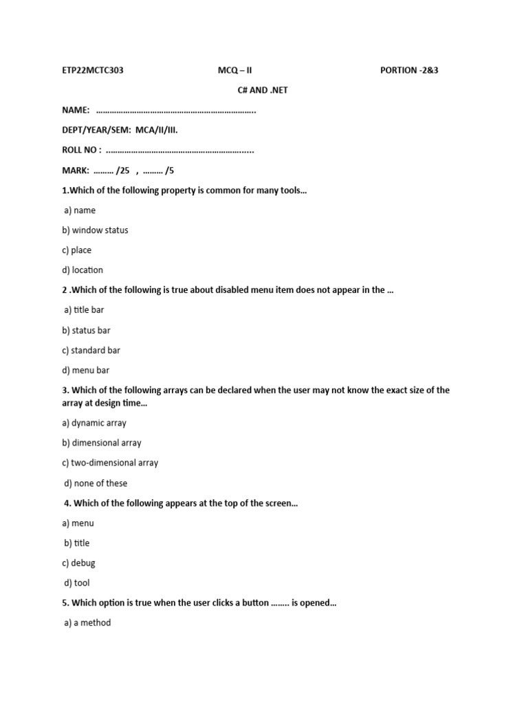 MCQ2 C# | PDF | C Sharp (Programming Language) | Class (Computer ... MCQ2 C# | PDF | C Sharp (Programming Language) | Class (Computer ...