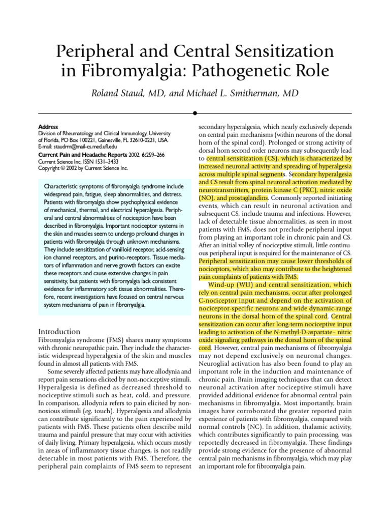 Peripheral and Central Sensitization in Fibromyalgia Pathogenetic Role ...
