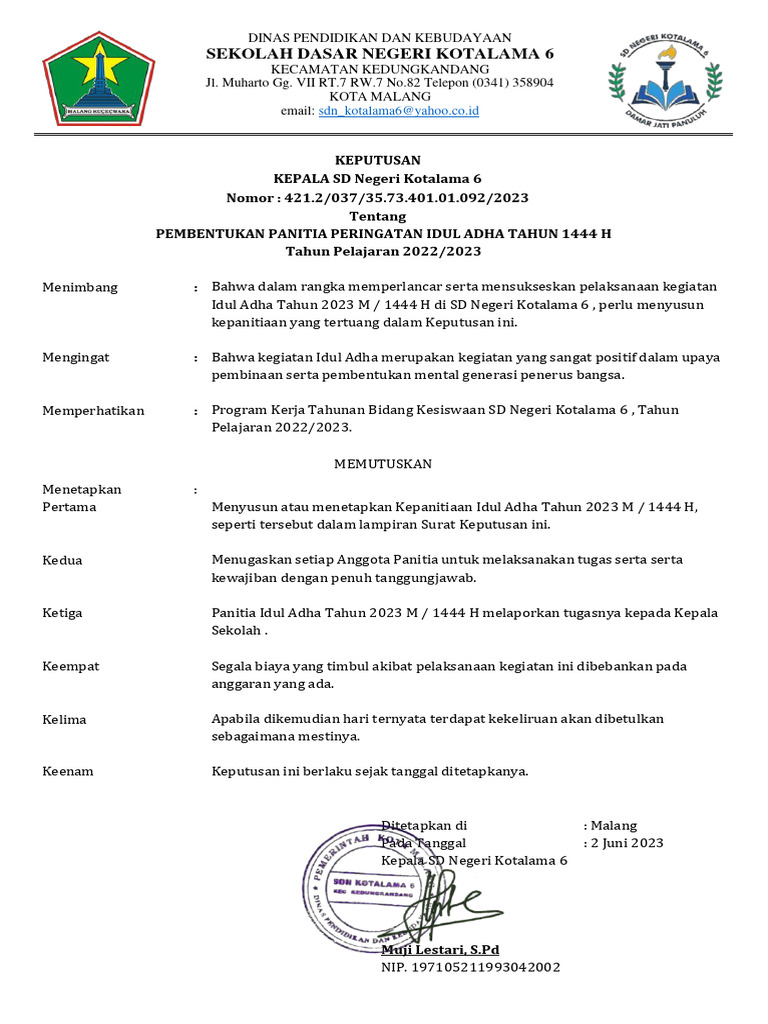 Contoh SK PANITIA IDUL QURBAN 2023. | PDF