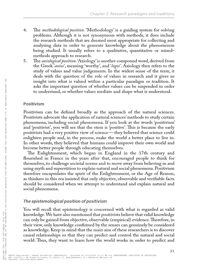 DuPlooyCilliers 2021 TheEpistemologicalPos ResearchMatters2E | PDF | Positivism | Methodology