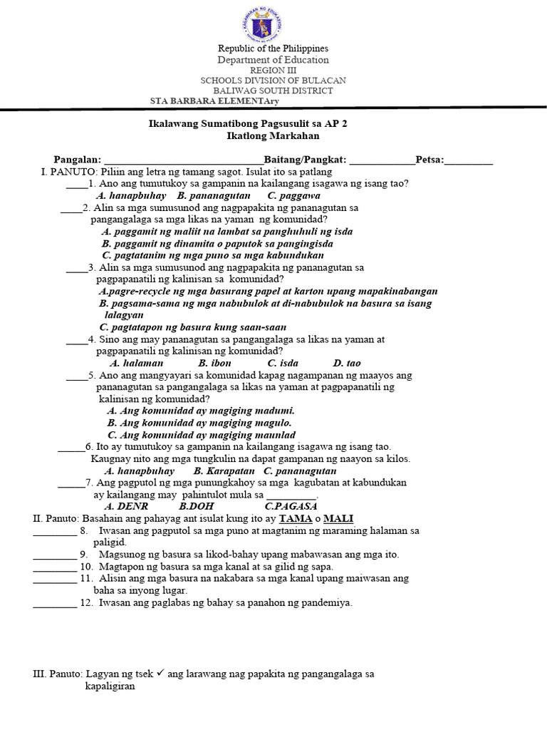 Ikalawang Sumatibong Pagsusulit Sa AP Filipino 2 IKATLONG MARKAHAN | PDF