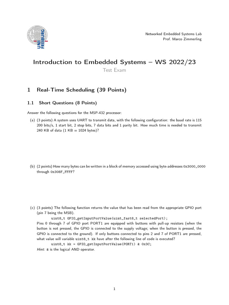 Test - Exam - Introduction For Embedded Systems | PDF | Electrical ...