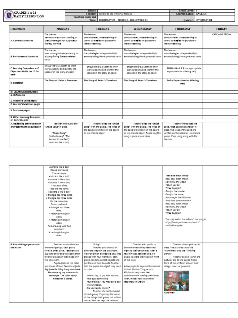 DLL - English 1 - Q3 - W5 | PDF | Learning | Teachers