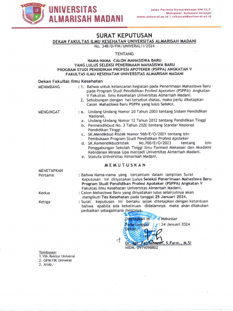 SK Kelulusan Seleksi PMB PSPPA FIK Univeral Angkatan V | PDF