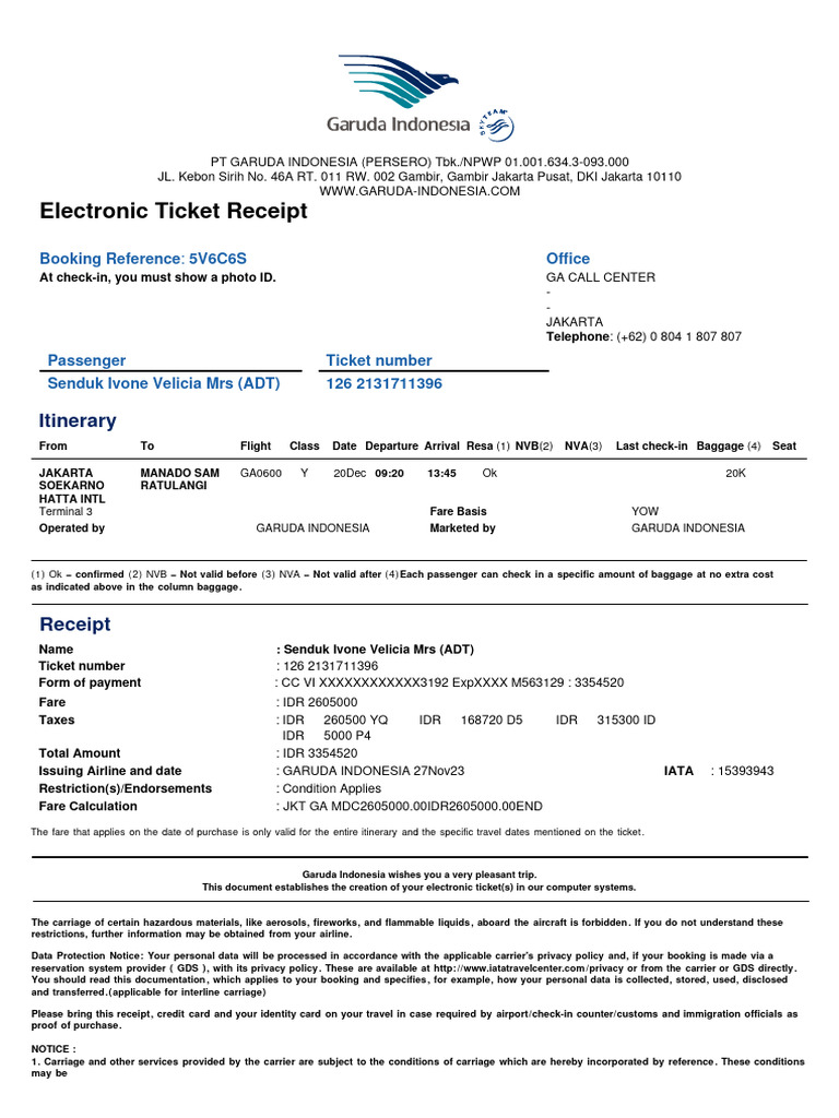 Garuda Indonesia Electronic Ticket Receipt | PDF | Dangerous Goods ...