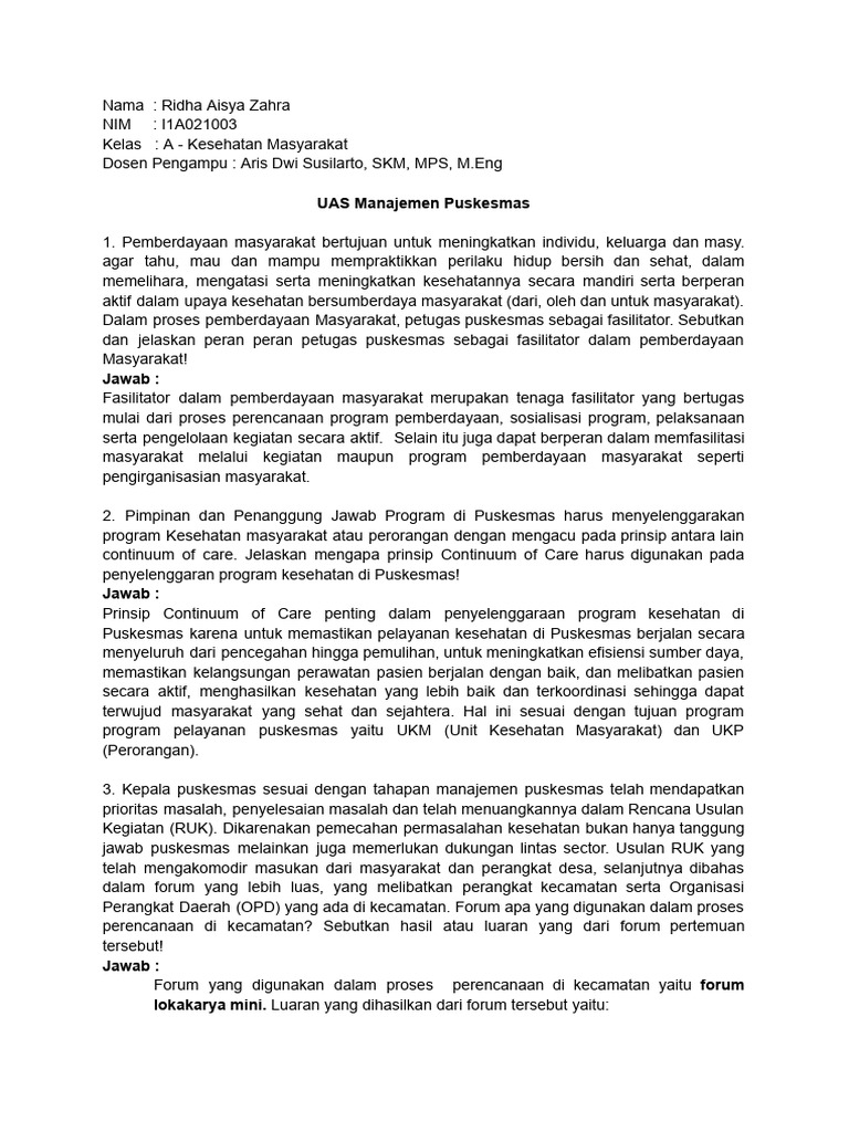 I1A021003 - Ridha Aisya Zahra - Jawaban UAS Manajemen Puskesmas | PDF ...
