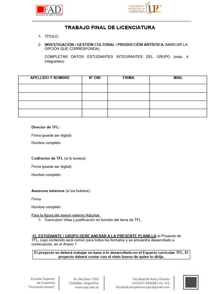 Planilla para Presentacion de Proyecto TFL y Anexo - 2024 | PDF