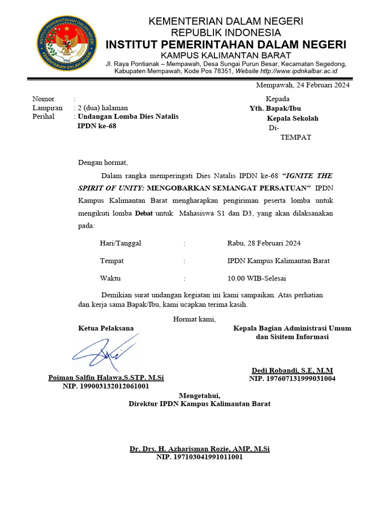 Lomba Debat Surat Undangan Dies Natalis 2023 Ipdn Kalbar | PDF