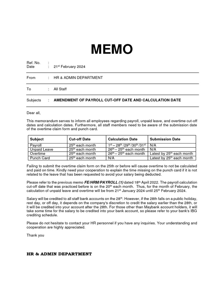 Amendment of Payroll Cut-Off Date and Calculation Date | PDF