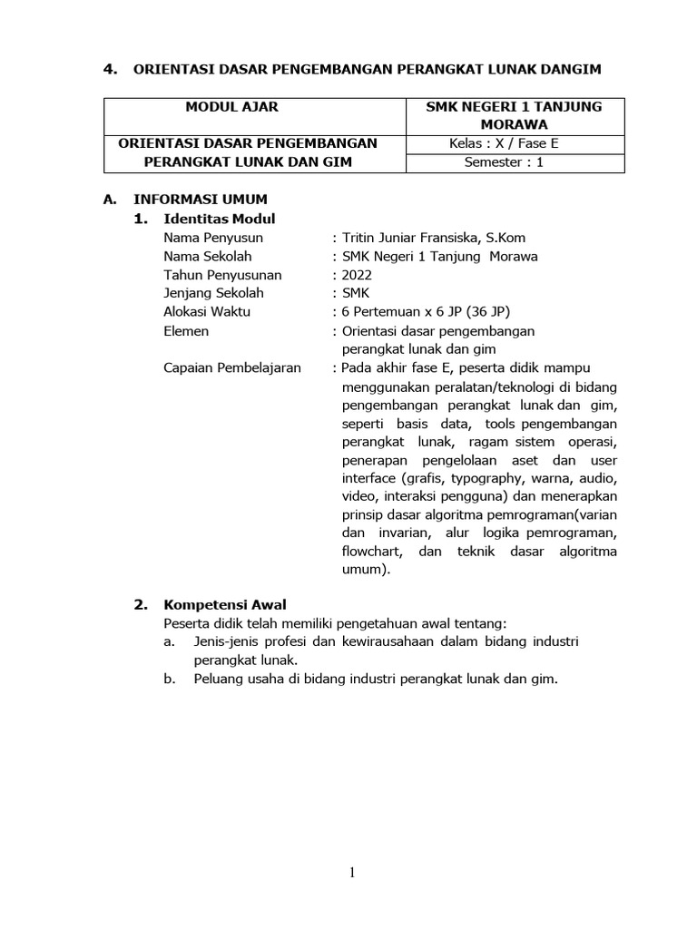 Modul Ajar Orientasi Perangkat Lunak Dan GIM | PDF | Karier & Perkembangan | Seni