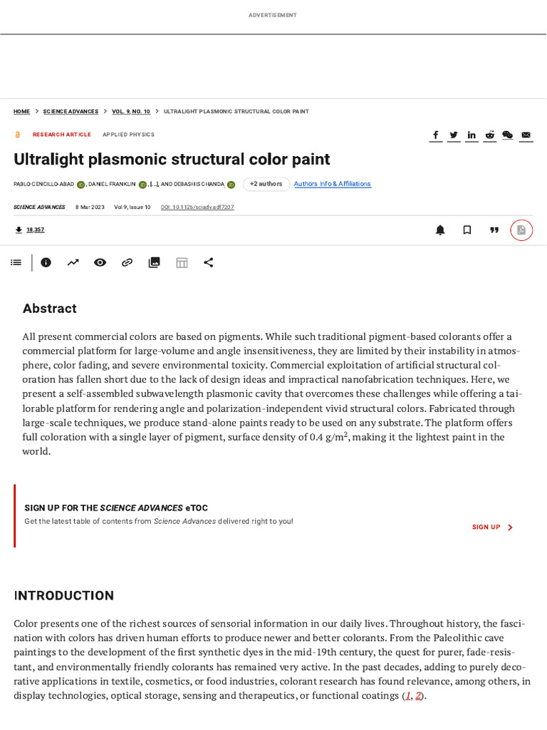 Ultralight Plasmonic Structural Color Paint - Science Advances | PDF