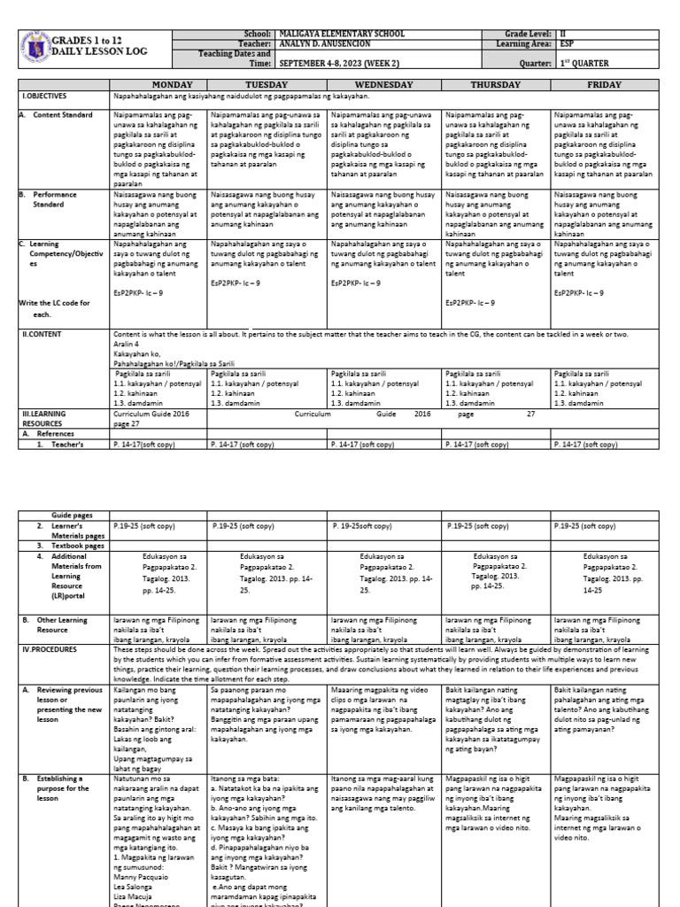 DLL - Esp 2 - Q1 - W2 | PDF
