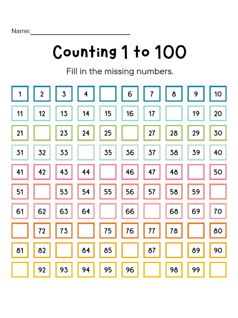 Counting To 100 Math Worksheet in Colorful Box Style | PDF