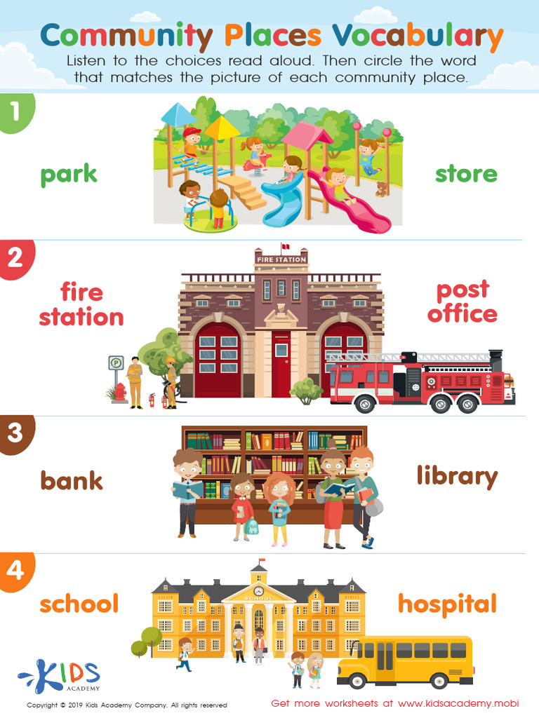 Kindergarten Community Places Vocabulary Worksheet | PDF