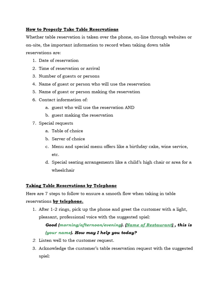 How To Properly Take Table Reservations | PDF | Restaurants | Waiting Staff