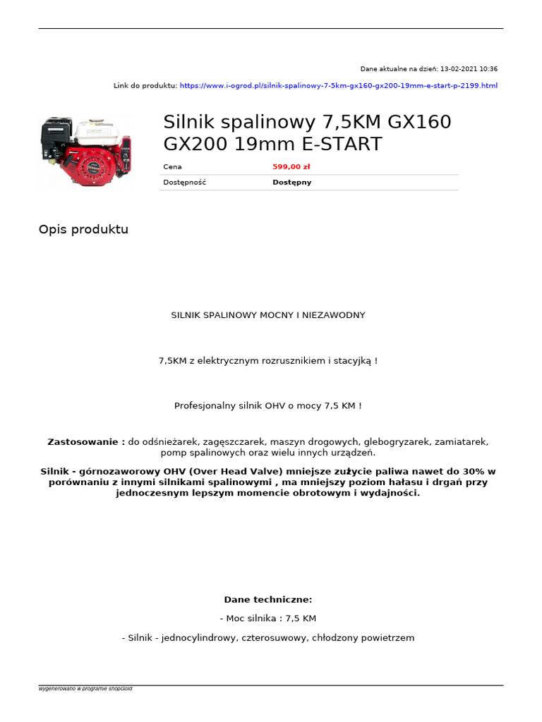 Silnik Spalinowy 7 5km gx160 gx200 19mm e Start | PDF