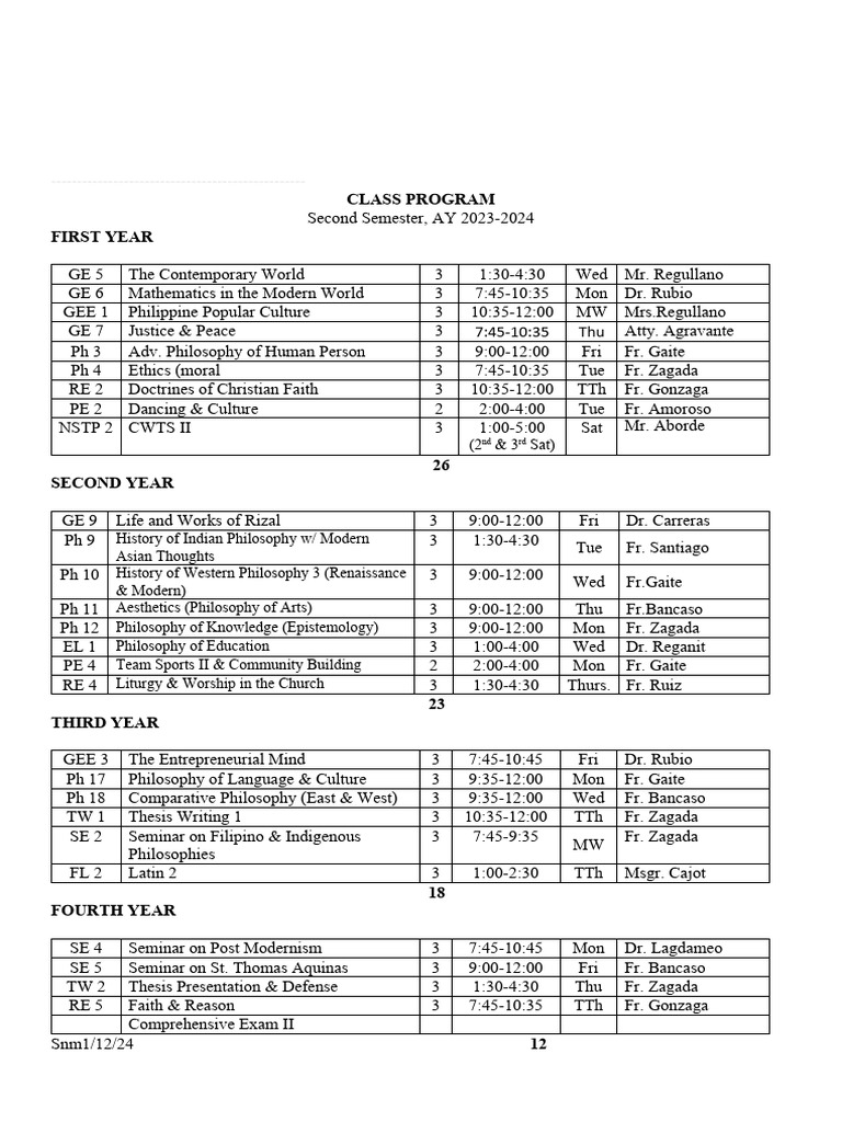 2023 2024 s2 Updated Schedule As of Jan 12 2024 | PDF | Social Science | Philosophy