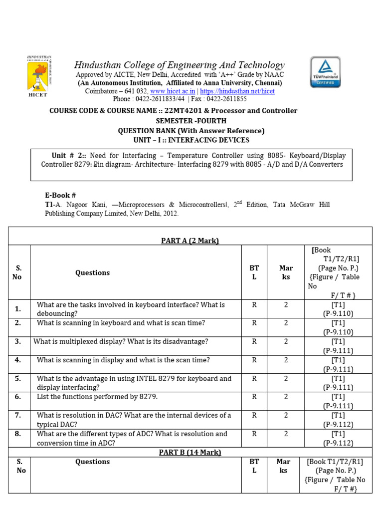 QB - Unit 2 - 22MT4201 # Processor and Controller | PDF | Analog To ...