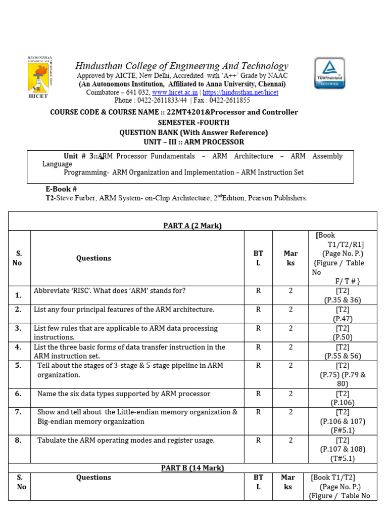 QB - Unit 3 - 22MT4201 # Processor and Controller | PDF | Computing | Computer Architecture