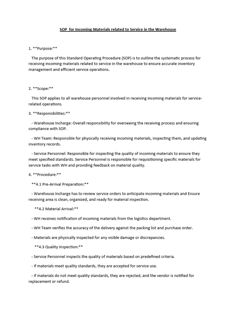 SOP For Inward Goods Related To Service in The WH | PDF | Warehouse ...