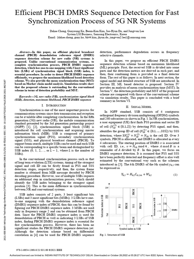 Efficient PBCH DMRS Sequence Detection For Fast Synchronization Process of 5G NR Systems | PDF ...