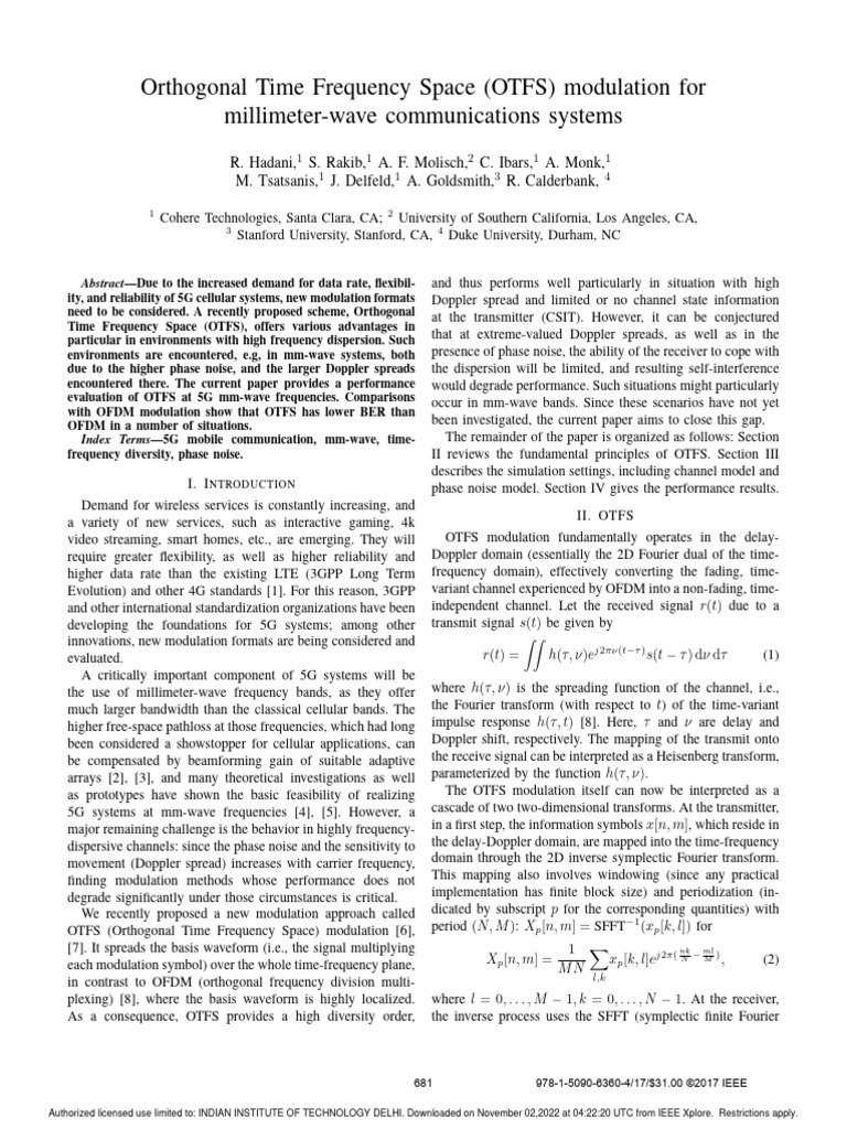 Orthogonal Time Frequency Space OTFS Modulation For Millimeter-Wave Communications Systems | PDF ...