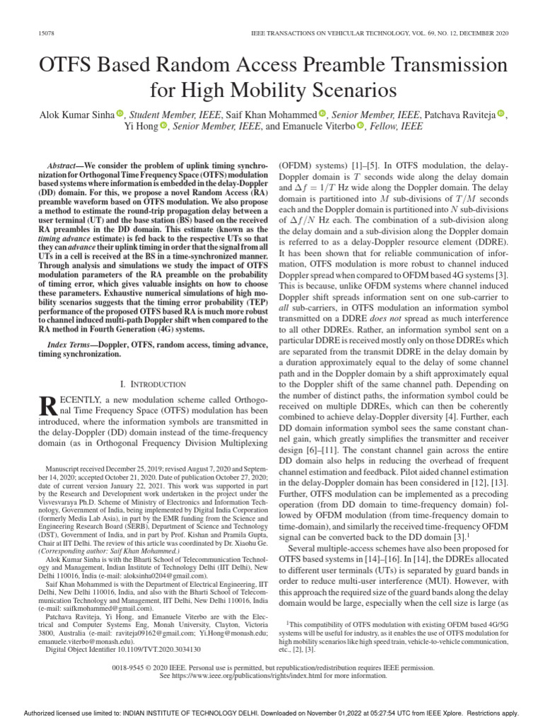 OTFS Based Random Access Preamble Transmission For High Mobility Scenarios | PDF | Orthogonal ...