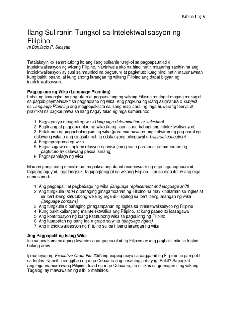 Sibayan - Ilang Suliranin Tungkol Sa Intelektwalisasyon NG Filipino | PDF