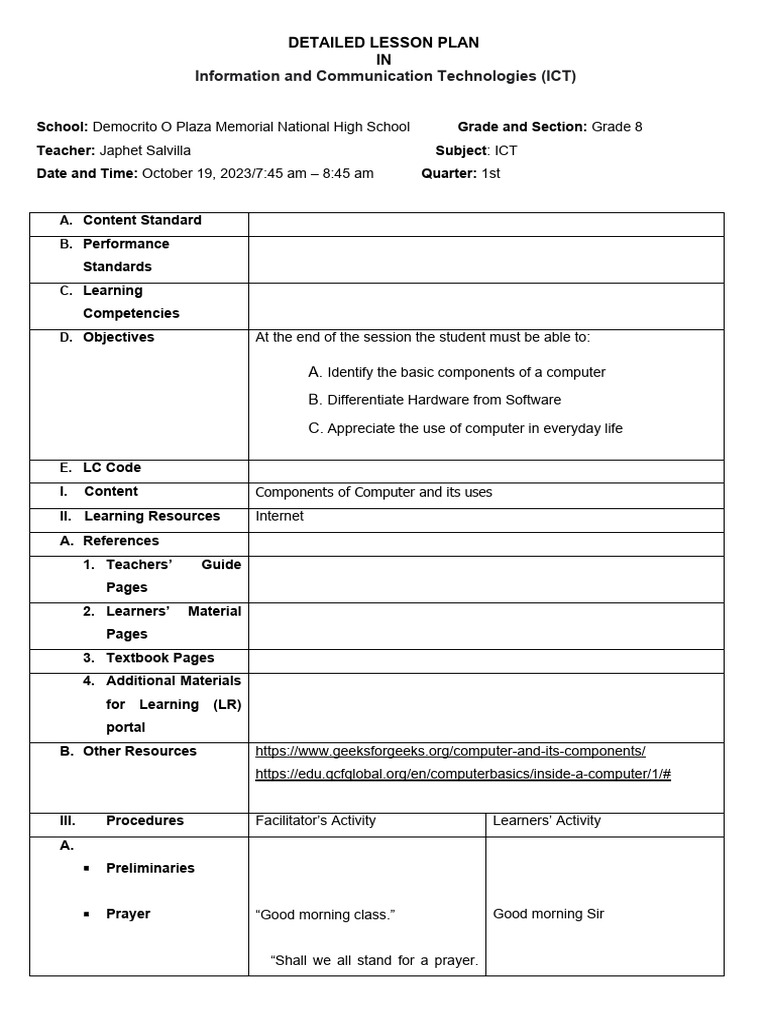 Detailed Lesson Plan in Earth and Life Science | PDF | Computer Data ...
