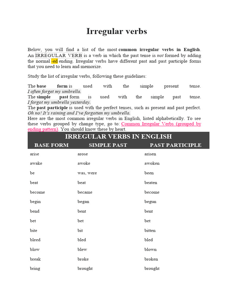 Irregular Verbs | PDF | Verb | Grammatical Tense