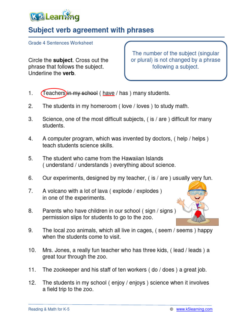 Grade 4 Subject Verb Agreement Phrases A | PDF | Subject (Grammar) | Linguistic Typology