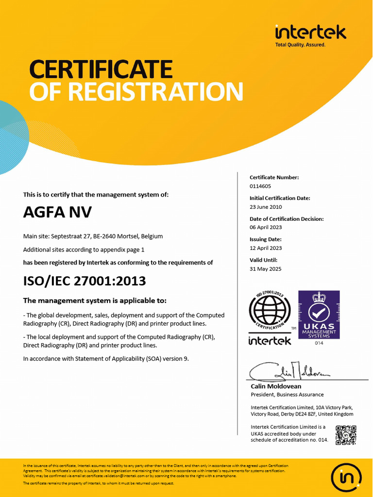 Agfa NV - Certificate ISO 27001 | PDF | Certification