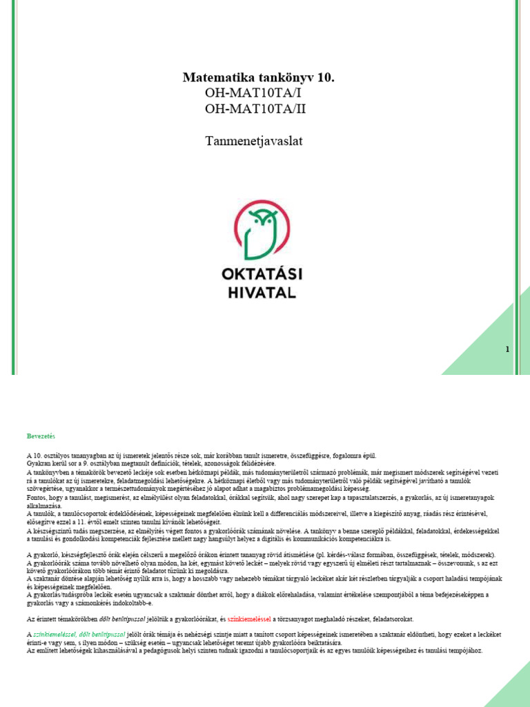 OH-MAT10TA Matematika 10 Tanmenet | PDF