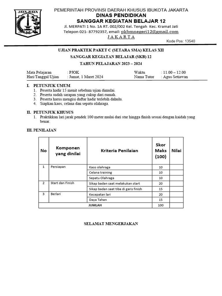 UJIAN PRAKTEK PJOK KELAS XII Non Reguler 2023-2024 | PDF