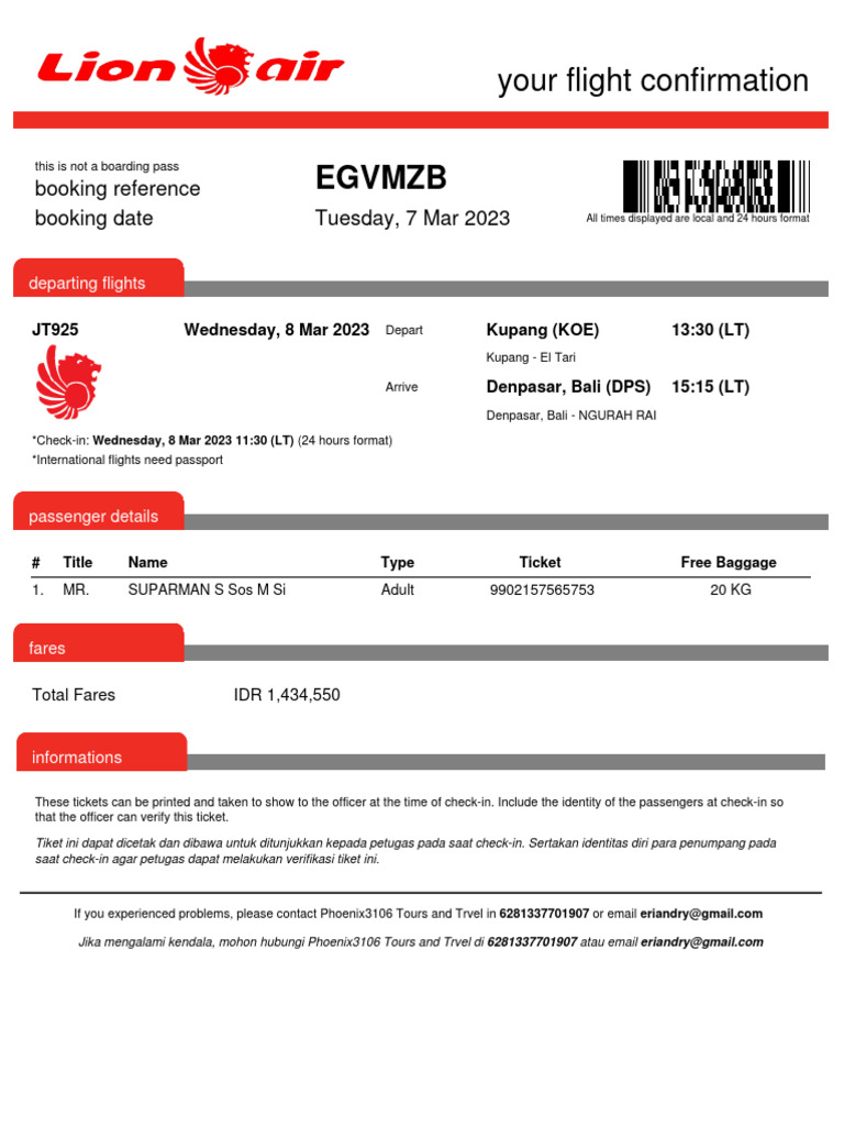Flight Confirmation for JT925 to Bali | PDF