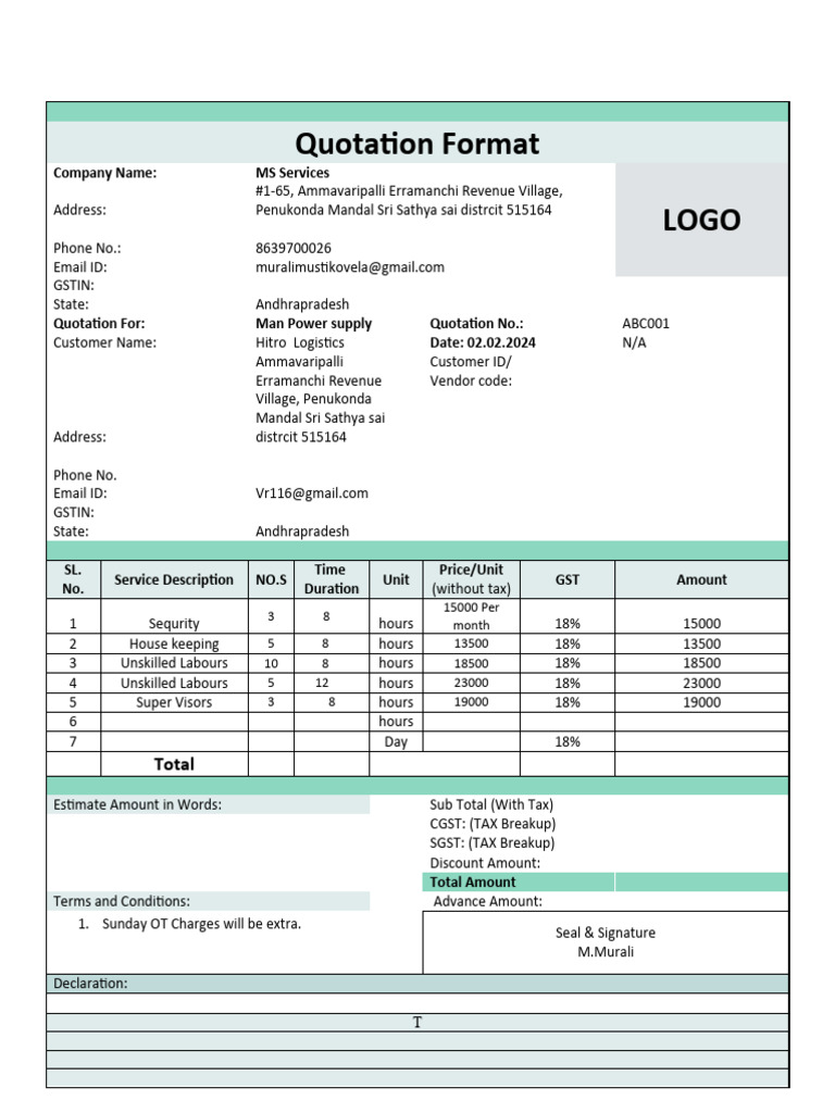 Quotation Format For Manpower Supply 01 | PDF | Taxes | Government Finances