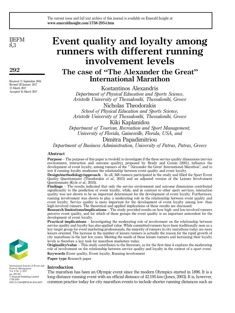 Event Quality and Loyalty Among Runners With Different Running ...