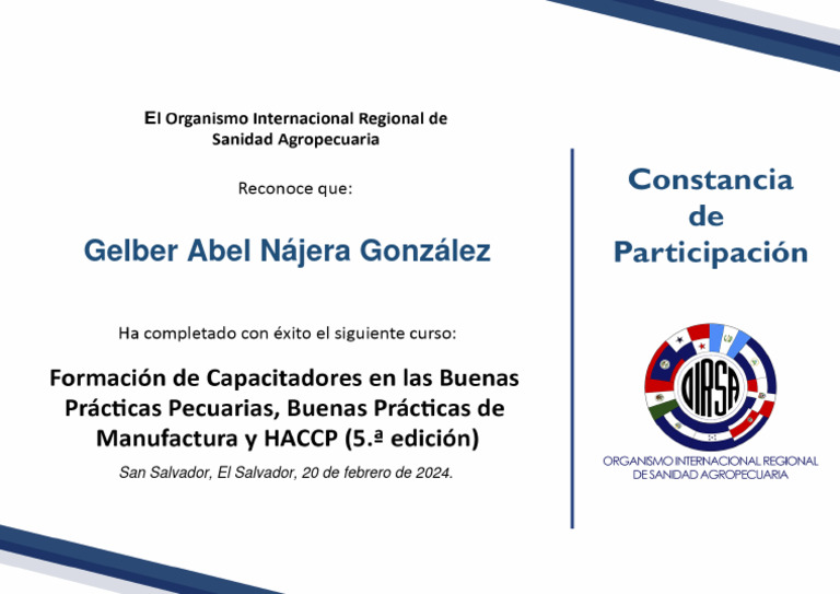 Formación de Capacitadores en Las BPP, BPM y HACCP (5. Edición) - Descargar Constancia Del Curso ...