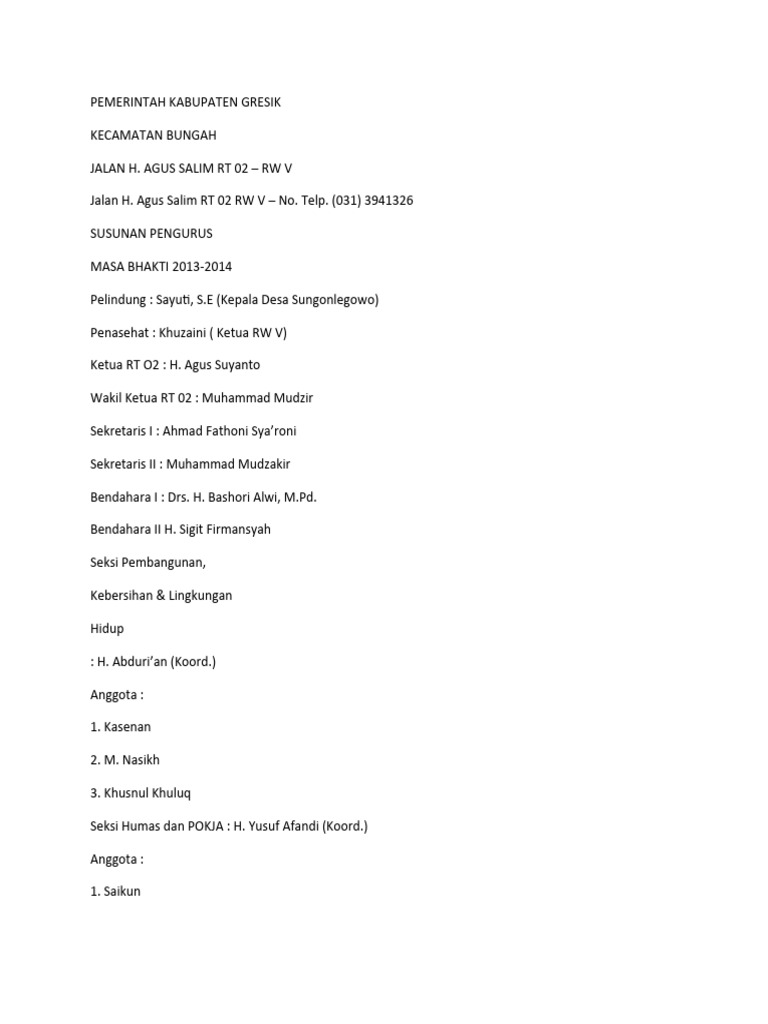 Struktur dan Tugas Pengurus RT 02 RW V | PDF | Sejarah