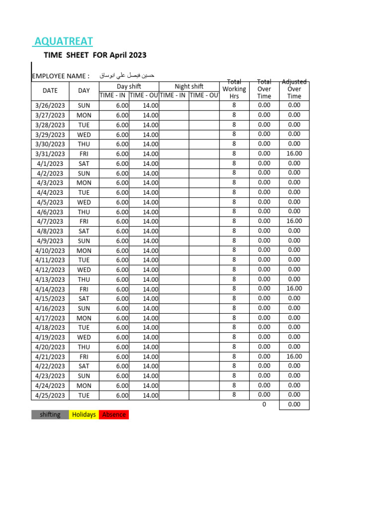 AQUATREAT April 2023 Time Sheet | PDF