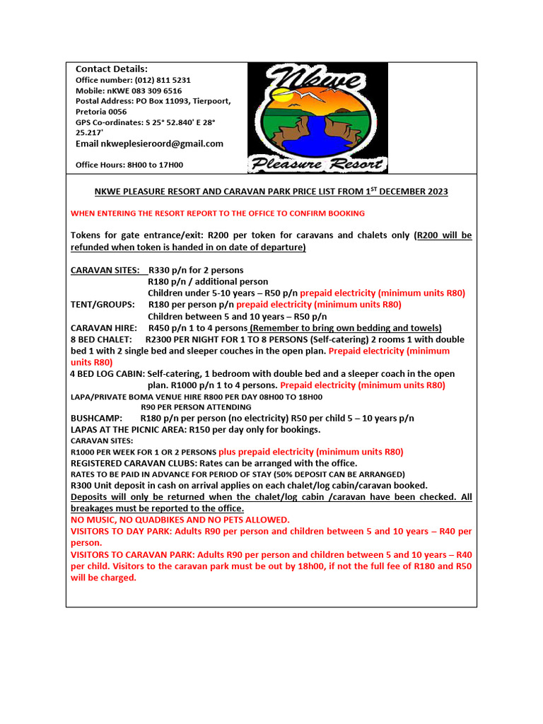 Nkwe Pleasure Resort Price List 2023 | PDF