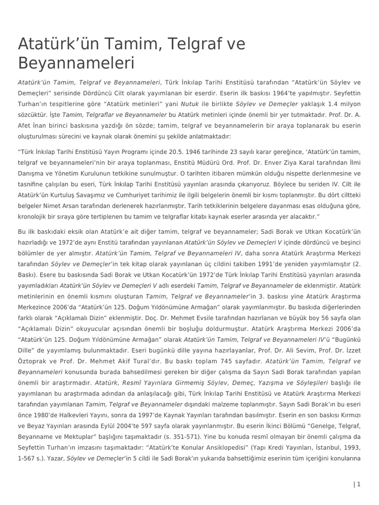 AtatÃ rk’ Ã N Tamim, Telgraf Ve Beyannameleri | PDF