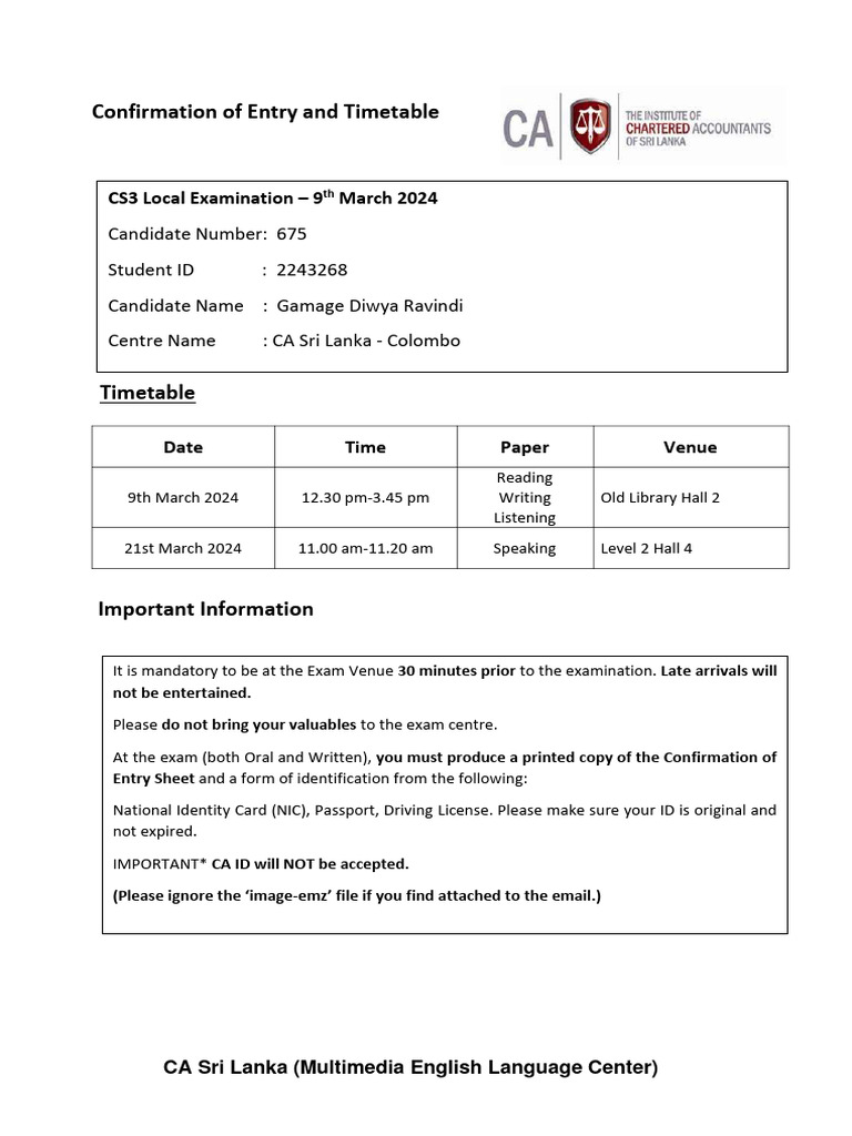 CS3 Exam Confirmation and Timetable | PDF