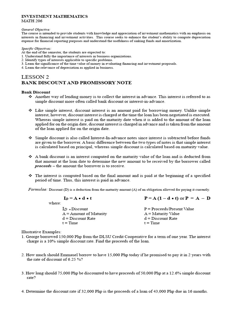 Lesson 2 Bank Discount and Promissory Note | PDF | Loans | Interest