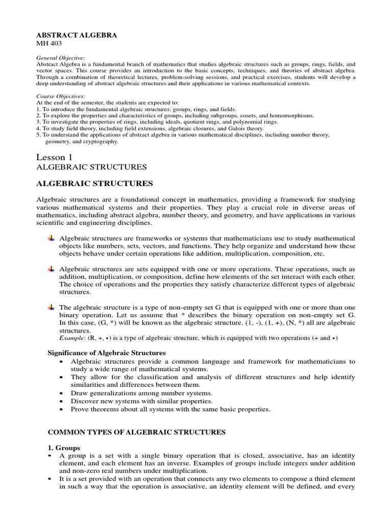 Lesson 1 Algebraic Structures | PDF | Field (Mathematics) | Group ...