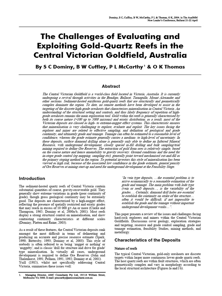 Dominy Et Al 2004 - The Challenges of Evaluating and Exploiting Gold-Quartz Reefs | PDF ...