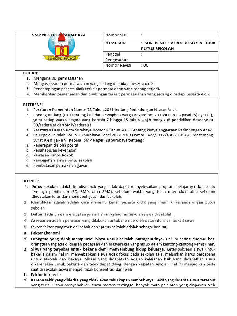 SOP P28 Pencegahan Peserta Didik Putus Sekolah | PDF