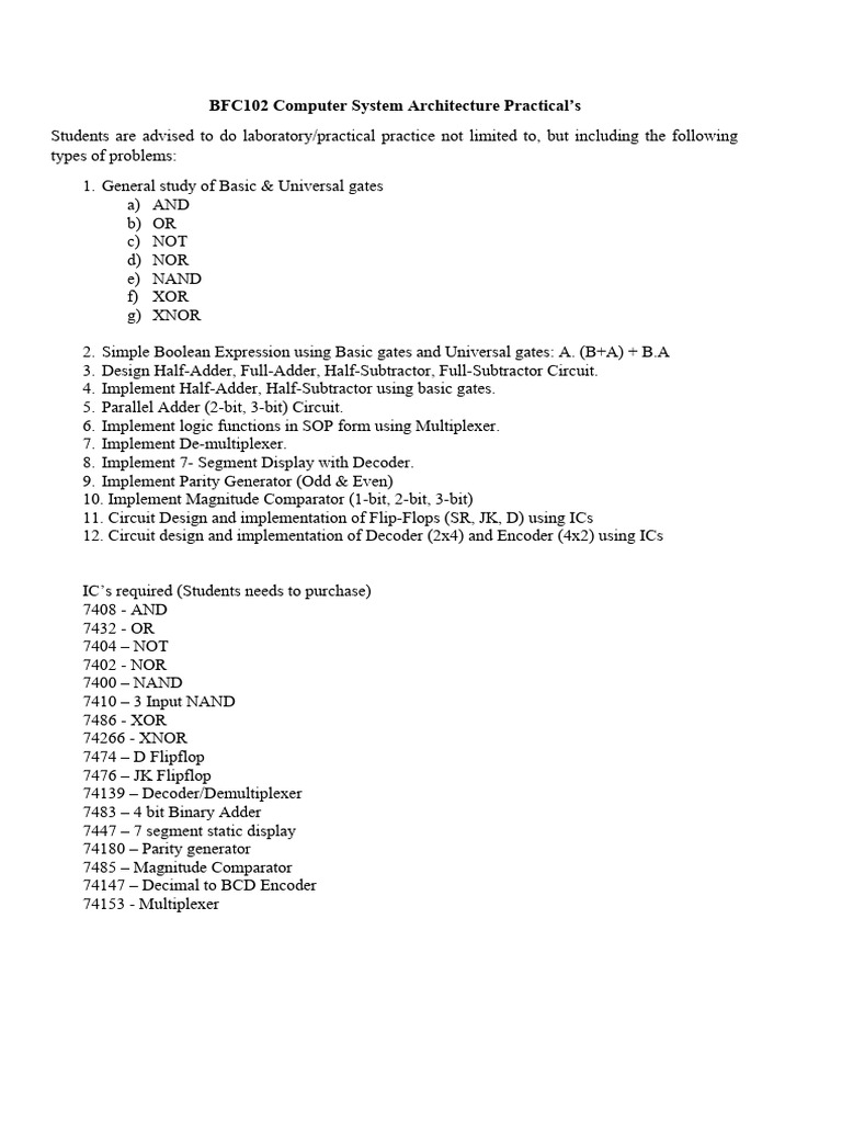 BFC102 Computer System Architecture Practicals List | PDF BFC102 Computer System Architecture Practicals List | PDF