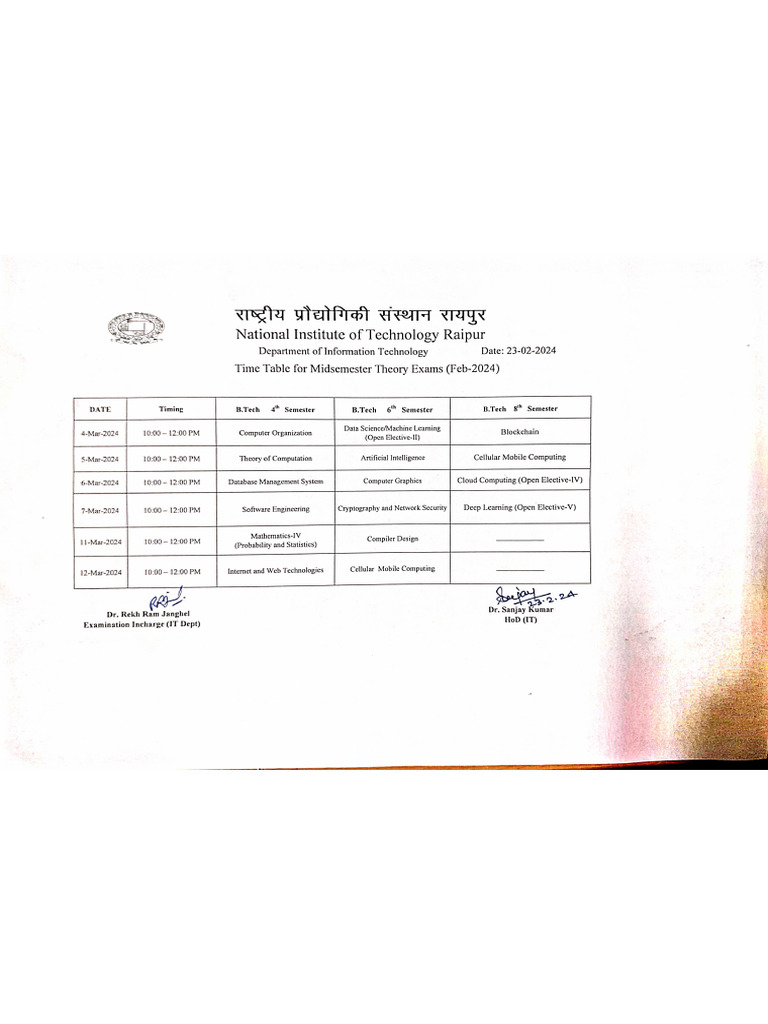 Student B.Tech Mid Sem Time Table | PDF